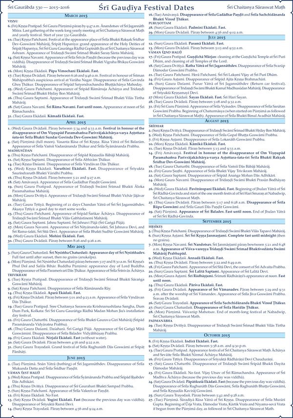 2015–16 Gaudiya Festival Dates